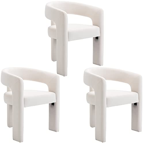 Wahson Set of 3 Velvet Fabric Upholstered Open-Back Dining Chairs, Modern Kitchen Armchair for Dining Room, Ivory