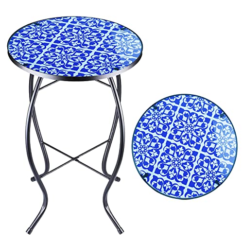 Patio Side Table Outdoor Mosaic Table Accent Coffee Table,Plant End Table Small Porch Blue-White Table Indoor,Round Glass Balcony Small Porch Plant Table Stands for Garden Patio Living Room 14 Inch