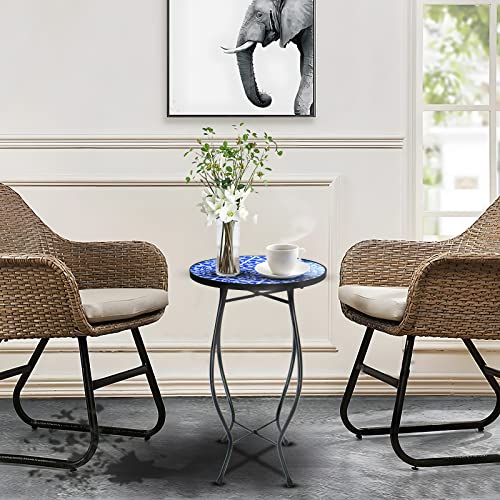 Patio Side Table Outdoor Mosaic Table Accent Coffee Table,Plant End Table Small Porch Blue-White Table Indoor,Round Glass Balcony Small Porch Plant Table Stands for Garden Patio Living Room 14 Inch