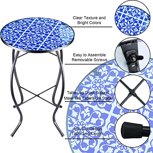 Patio Side Table Outdoor Mosaic Table Accent Coffee Table,Plant End Table Small Porch Blue-White Table Indoor,Round Glass Balcony Small Porch Plant Table Stands for Garden Patio Living Room 14 Inch