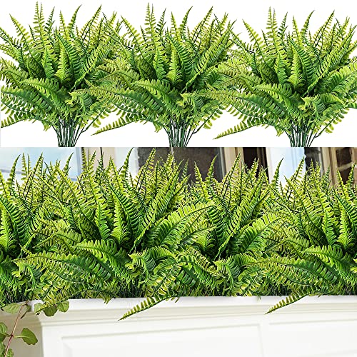 DVGUN 12 Bundles Artificial Outdoor Plants Greenery Fake Boston Fern Bushes Artificial Shrubs UV Resistant No Fade Faux Plastic Plants