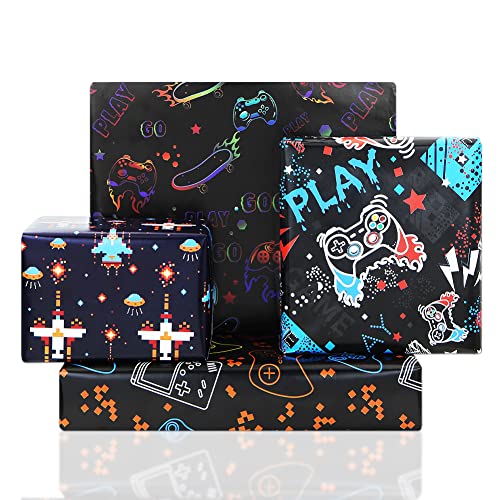 Gaming Birthday Wrapping Paper for Kids Boys Girls Video Game Lover, 4 Style Video Game Wrapping Paper, 8 Sheets Folded Flat 20x28 Inches Per Sheet