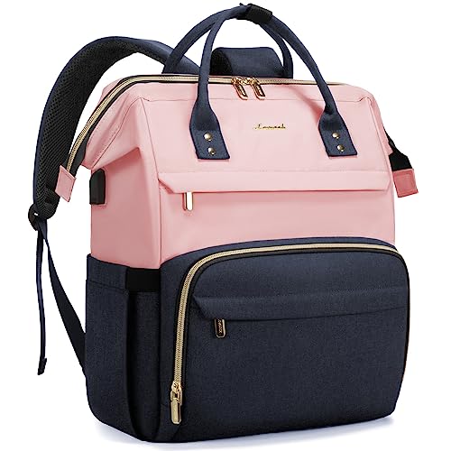 LOVEVOOK Laptop Backpack Purse for Women, 18 Inch Computer Business Stylish Backpacks, Doctor Nurse Bags for Work, Casual Daypack Backpack with USB Port, Pink-Navy