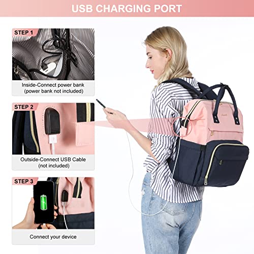 LOVEVOOK Laptop Backpack Purse for Women, 18 Inch Computer Business Stylish Backpacks, Doctor Nurse Bags for Work, Casual Daypack Backpack with USB Port, Pink-Navy