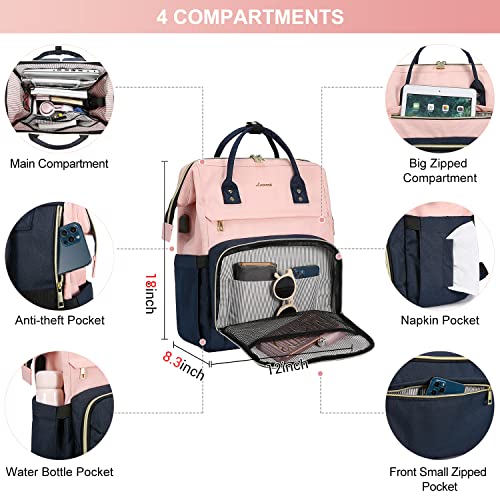 LOVEVOOK Laptop Backpack Purse for Women, 18 Inch Computer Business Stylish Backpacks, Doctor Nurse Bags for Work, Casual Daypack Backpack with USB Port, Pink-Navy