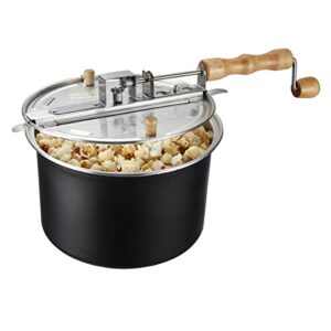 stovetop popcorn maker – 6.5-quart popper pan with wooden crank handle and internal kernel stirrer by great northern popcorn (black)