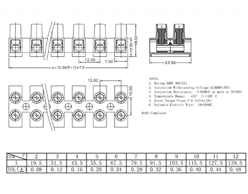 12 Position / 24 Contact Terminal Block Barrier Strip Dual Row with Screw Connector 30 Amp 300V HVAC Panel Chassis Mount etc. ES1200/12DSFB (2 Pack)