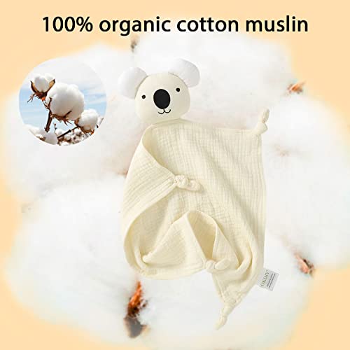 okdiy Organic Cotton Bunny Loveys for Babies,Newborn Baby Lovey Security Blanket,Lovies for Babies New Born Baby Unique Neutral Gifts Boys and Girls (Koala-Beige)