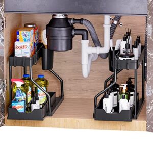 puricon 2 pack under sink organizer, 2-tier l-shape sliding under sink organizers and storage, under counter storage organizer pull out under sink storage for kitchen bathroom -black