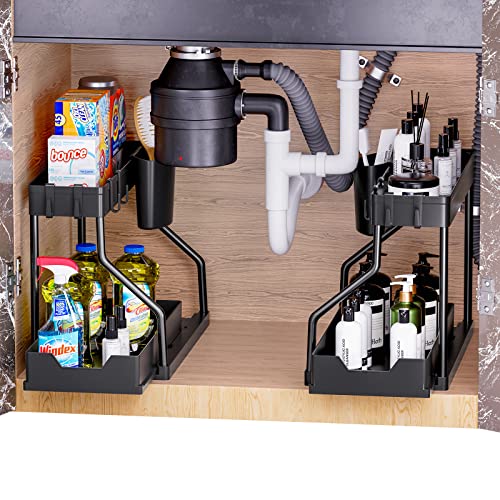 Puricon 2 Pack Under Sink Organizer, 2-Tier L-Shape Sliding Under Sink Organizers and Storage, Under Counter Storage Organizer Pull Out Under Sink Storage for Kitchen Bathroom -Black