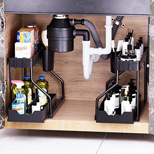 Puricon 2 Pack Under Sink Organizer, 2-Tier L-Shape Sliding Under Sink Organizers and Storage, Under Counter Storage Organizer Pull Out Under Sink Storage for Kitchen Bathroom -Black