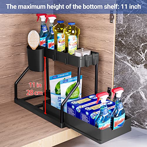 Puricon 2 Pack Under Sink Organizer, 2-Tier L-Shape Sliding Under Sink Organizers and Storage, Under Counter Storage Organizer Pull Out Under Sink Storage for Kitchen Bathroom -Black