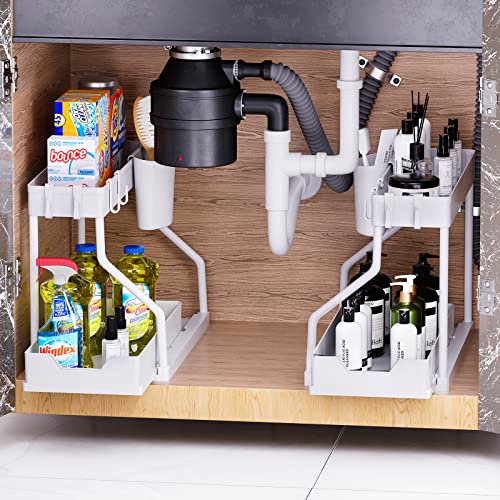 Puricon 2 Pack Under Sink Organizer, 2-Tier L-Shape Sliding Under Sink Organizers and Storage, Under Counter Storage Organizer Pull Out Under Sink Storage for Kitchen Bathroom -White