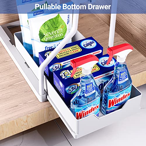 Puricon 2 Pack Under Sink Organizer, 2-Tier L-Shape Sliding Under Sink Organizers and Storage, Under Counter Storage Organizer Pull Out Under Sink Storage for Kitchen Bathroom -White