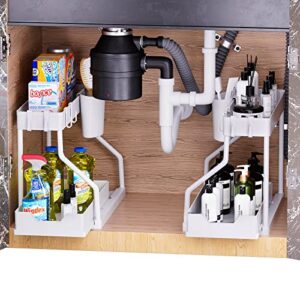 puricon 2 pack under sink organizer, 2-tier l-shape sliding under sink organizers and storage, under counter storage organizer pull out under sink storage for kitchen bathroom -white