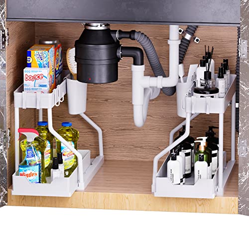 Puricon 2 Pack Under Sink Organizer, 2-Tier L-Shape Sliding Under Sink Organizers and Storage, Under Counter Storage Organizer Pull Out Under Sink Storage for Kitchen Bathroom -White