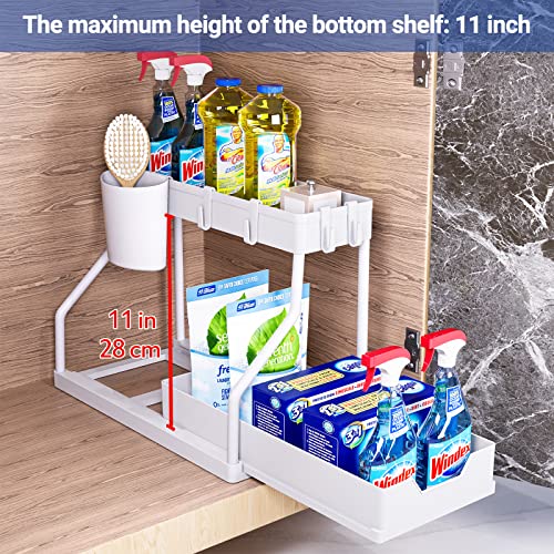 Puricon 2 Pack Under Sink Organizer, 2-Tier L-Shape Sliding Under Sink Organizers and Storage, Under Counter Storage Organizer Pull Out Under Sink Storage for Kitchen Bathroom -White