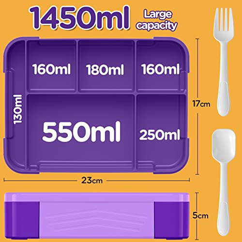 Jelife Lunch Box Kids Bento Box - 1450ml Large Leakproof 6 Compartments Kids Lunchbox Toddler Bento Box with Utensils for Back to School,Book-Style Reusable Lunch Snack Containers for Daycare