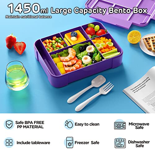 Jelife Lunch Box Kids Bento Box - 1450ml Large Leakproof 6 Compartments Kids Lunchbox Toddler Bento Box with Utensils for Back to School,Book-Style Reusable Lunch Snack Containers for Daycare