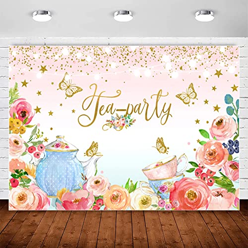 Pink Floral Tea Party Backdrop Glitter Gold Dots Butterfly Let's Partea Photography Background for Women Birthday Bridal Baby Shower Decorations Girls Wonderland Party Banner Photo Booth Props 10x7ft