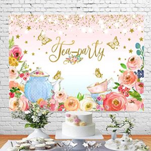 Pink Floral Tea Party Backdrop Glitter Gold Dots Butterfly Let's Partea Photography Background for Women Birthday Bridal Baby Shower Decorations Girls Wonderland Party Banner Photo Booth Props 10x7ft