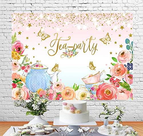 Pink Floral Tea Party Backdrop Glitter Gold Dots Butterfly Let's Partea Photography Background for Women Birthday Bridal Baby Shower Decorations Girls Wonderland Party Banner Photo Booth Props 10x7ft