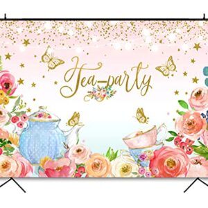 Pink Floral Tea Party Backdrop Glitter Gold Dots Butterfly Let's Partea Photography Background for Women Birthday Bridal Baby Shower Decorations Girls Wonderland Party Banner Photo Booth Props 10x7ft