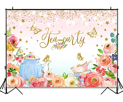 Pink Floral Tea Party Backdrop Glitter Gold Dots Butterfly Let's Partea Photography Background for Women Birthday Bridal Baby Shower Decorations Girls Wonderland Party Banner Photo Booth Props 10x7ft