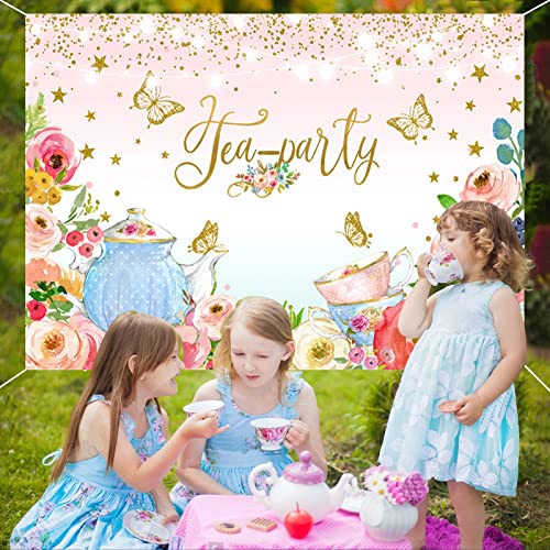 Pink Floral Tea Party Backdrop Glitter Gold Dots Butterfly Let's Partea Photography Background for Women Birthday Bridal Baby Shower Decorations Girls Wonderland Party Banner Photo Booth Props 10x7ft