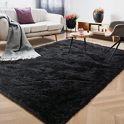 Foxmas Black Rug for Bedroom, Area Rug 4x6 Feet, Throw Rugs with Rubber Backing Washable, Rugs for Bedroom Aesthetic, Black Fluffy Rug for Living Room, Dorm Rug Fuzzy Carpet Rugs Room Decor