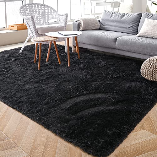 Foxmas Black Rug for Bedroom, Area Rug 4x6 Feet, Throw Rugs with Rubber Backing Washable, Rugs for Bedroom Aesthetic, Black Fluffy Rug for Living Room, Dorm Rug Fuzzy Carpet Rugs Room Decor