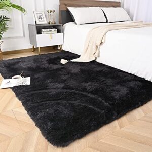 Foxmas Black Rug for Bedroom, Area Rug 4x6 Feet, Throw Rugs with Rubber Backing Washable, Rugs for Bedroom Aesthetic, Black Fluffy Rug for Living Room, Dorm Rug Fuzzy Carpet Rugs Room Decor