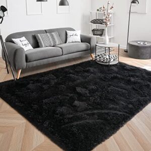 Foxmas Black Rug for Bedroom, Area Rug 4x6 Feet, Throw Rugs with Rubber Backing Washable, Rugs for Bedroom Aesthetic, Black Fluffy Rug for Living Room, Dorm Rug Fuzzy Carpet Rugs Room Decor