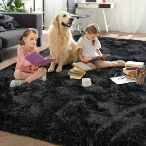 Foxmas Black Rug for Bedroom, Area Rug 4x6 Feet, Throw Rugs with Rubber Backing Washable, Rugs for Bedroom Aesthetic, Black Fluffy Rug for Living Room, Dorm Rug Fuzzy Carpet Rugs Room Decor