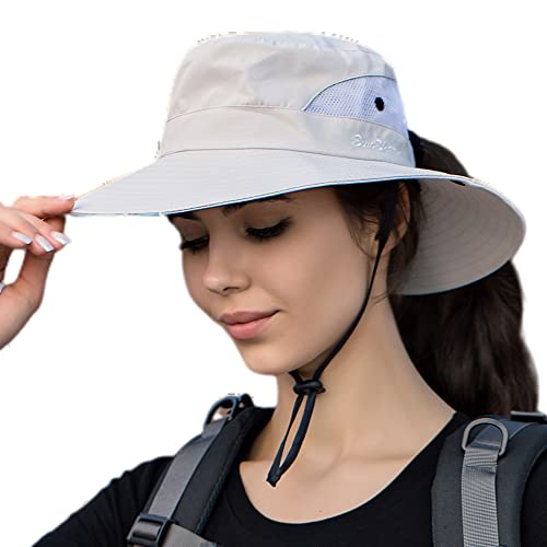 Women's Sun Hat with Ponytail-Hole Fishing Hat Beach Hat UV Protection Foldable Hat for Outdoor Yard Work Mesh Wide Brim Bucket Hat (Beige)