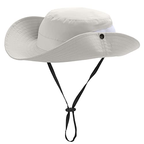 Women's Sun Hat with Ponytail-Hole Fishing Hat Beach Hat UV Protection Foldable Hat for Outdoor Yard Work Mesh Wide Brim Bucket Hat (Beige)