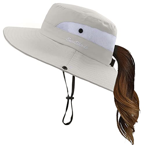 Women's Sun Hat with Ponytail-Hole Fishing Hat Beach Hat UV Protection Foldable Hat for Outdoor Yard Work Mesh Wide Brim Bucket Hat (Beige)