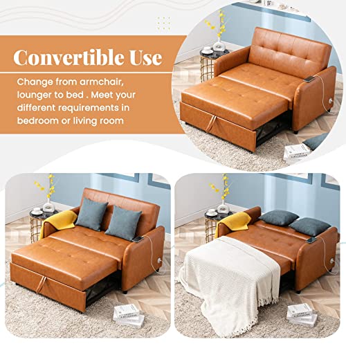 Gynsseh Sleeper Loveseat Pull Out Bed, 3-in-1 Convertible Sleeper Sofa Bed with Dual USB Ports, Faux Leather Adjustable Pull Out Loveseat Sleeper for Living Room Bedroom S2-brown