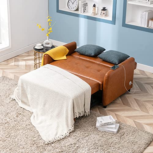 Gynsseh Sleeper Loveseat Pull Out Bed, 3-in-1 Convertible Sleeper Sofa Bed with Dual USB Ports, Faux Leather Adjustable Pull Out Loveseat Sleeper for Living Room Bedroom S2-brown