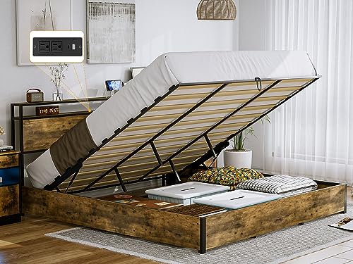 IKIFLY California King Size Lift Up Storage Bed - Metal Cal King Platform Bed Frame with 2-Tier Storage Shelf Headboard & Charging Station, Solid Wood Slats, No Box Spring Needed - Rustic Brown