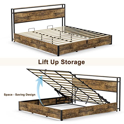 IKIFLY California King Size Lift Up Storage Bed - Metal Cal King Platform Bed Frame with 2-Tier Storage Shelf Headboard & Charging Station, Solid Wood Slats, No Box Spring Needed - Rustic Brown