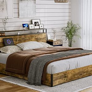 IKIFLY California King Size Lift Up Storage Bed - Metal Cal King Platform Bed Frame with 2-Tier Storage Shelf Headboard & Charging Station, Solid Wood Slats, No Box Spring Needed - Rustic Brown