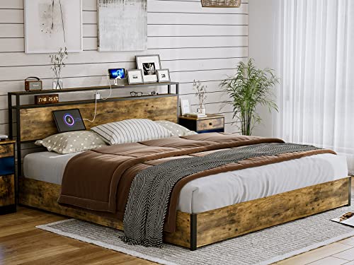 IKIFLY California King Size Lift Up Storage Bed - Metal Cal King Platform Bed Frame with 2-Tier Storage Shelf Headboard & Charging Station, Solid Wood Slats, No Box Spring Needed - Rustic Brown