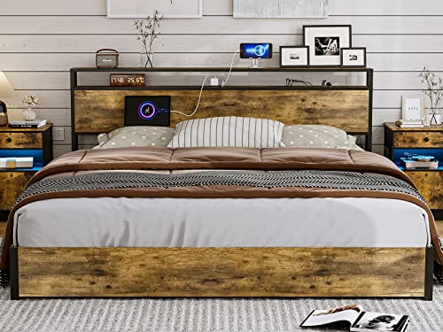 IKIFLY California King Size Lift Up Storage Bed - Metal Cal King Platform Bed Frame with 2-Tier Storage Shelf Headboard & Charging Station, Solid Wood Slats, No Box Spring Needed - Rustic Brown