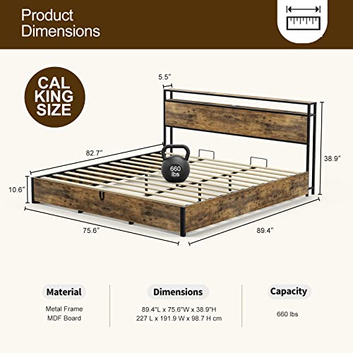 IKIFLY California King Size Lift Up Storage Bed - Metal Cal King Platform Bed Frame with 2-Tier Storage Shelf Headboard & Charging Station, Solid Wood Slats, No Box Spring Needed - Rustic Brown