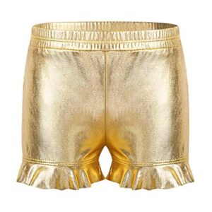 Venjoe Kids Girls Shiny Metallic Ruffled Shorts Gymnastics Bottoms Jazz Cheer Dance Performance Hot Pants Gold 12 Years