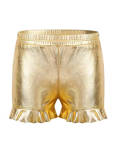 Venjoe Kids Girls Shiny Metallic Ruffled Shorts Gymnastics Bottoms Jazz Cheer Dance Performance Hot Pants Gold 12 Years