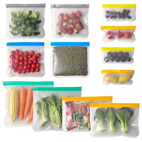 12 Pack Reusable Bags Silicone, Leakproof Reusable Freezer Bags, BPA Free Reusable Food Storage Bags Containers for Lunch Sandwich Snack Food Travel- 2 Gallon 2 Lunch 4 Sandwich 4 Snack Bags