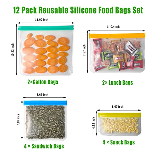 12 Pack Reusable Bags Silicone, Leakproof Reusable Freezer Bags, BPA Free Reusable Food Storage Bags Containers for Lunch Sandwich Snack Food Travel- 2 Gallon 2 Lunch 4 Sandwich 4 Snack Bags