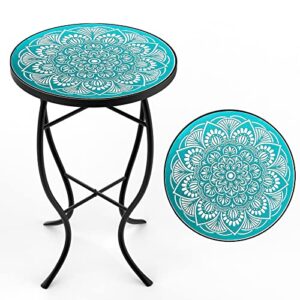 fromjbest mosaic outdoor side table, patio side table, weather resistant 14" diameter 21" h ceramic tile round outside table for patio, porch, garden, pool, indoor&outdoor,plant stand (cyan)